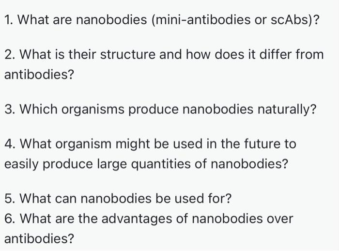 Solved 1. What are nanobodies (mini-antibodies or scAbs)? 2. | Chegg.com