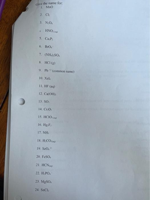 Solved Give the name for 1. Mno 2. CI 3 N O + HNO) 5. Ca:P | Chegg.com