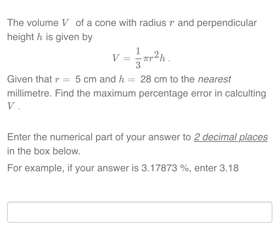 Solved The volume V ﻿of a cone with radius r ﻿and | Chegg.com