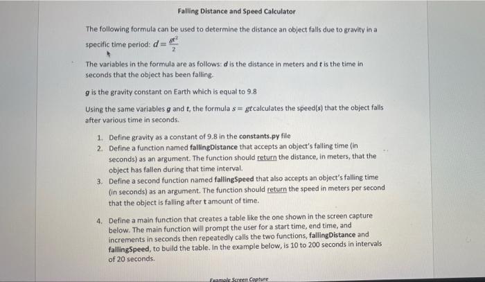 Solved Falling Distance and Speed Calculator The following | Chegg.com