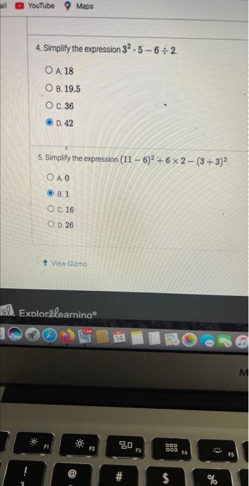 Solved 4. Simplify the expression 32+5−6÷2. A. 18 B. 19.5 C. | Chegg.com