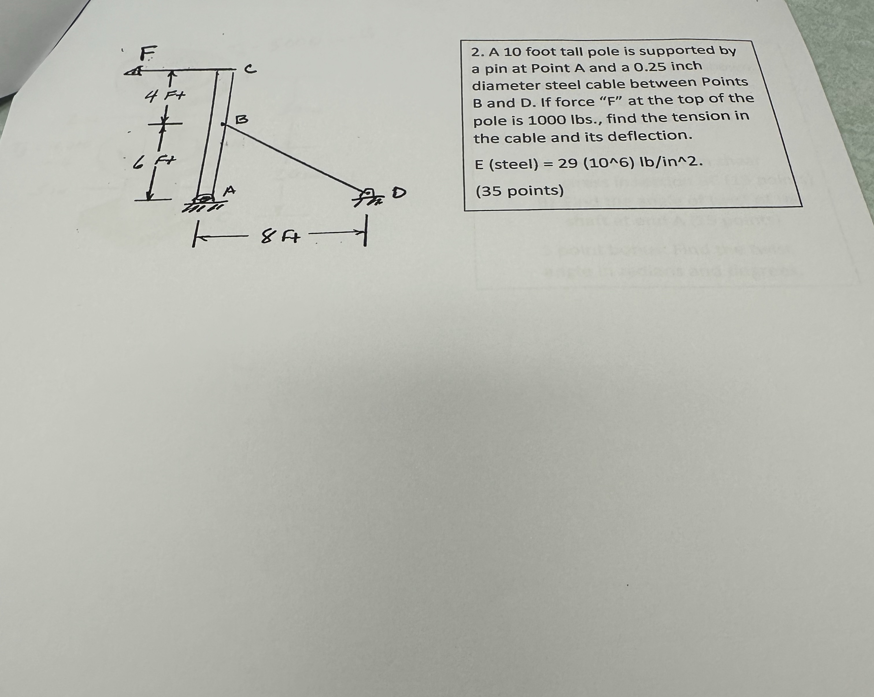 Solved A 10 ﻿foot tall pole is supported by a pin at Point A | Chegg.com