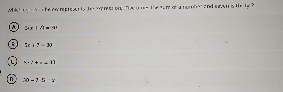 Solved Which equation below represents the expression, "Five | Chegg.com