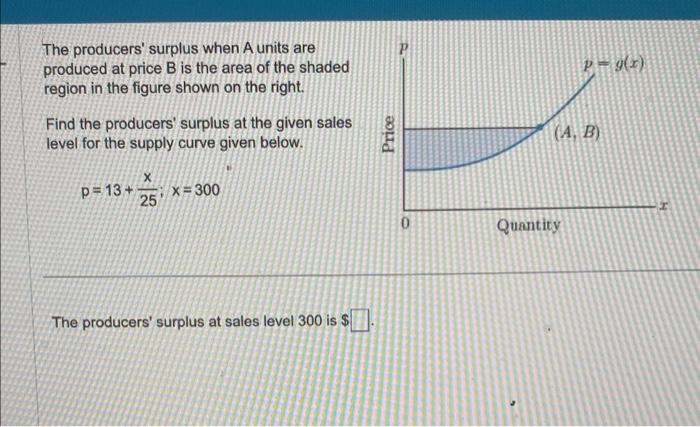 Solved The producers' surplus when A units are produced at | Chegg.com