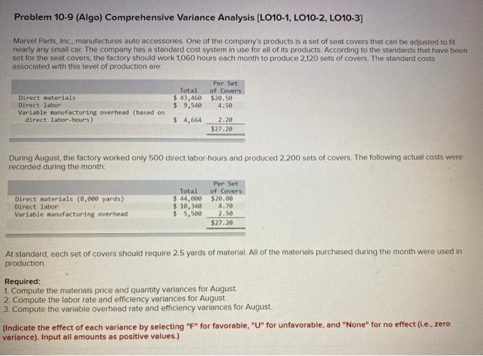Solved Problem 10-9 (Algo) Comprehensive Variance Analysis | Chegg.com