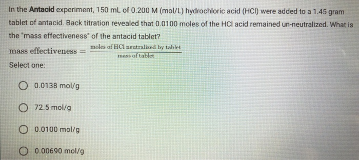 Solved In the Antacid experiment, 150 mL of 0.200 M (mol/L) | Chegg.com