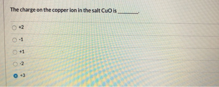 Solved The charge on the copper ion in the salt CuO is О +2 | Chegg.com