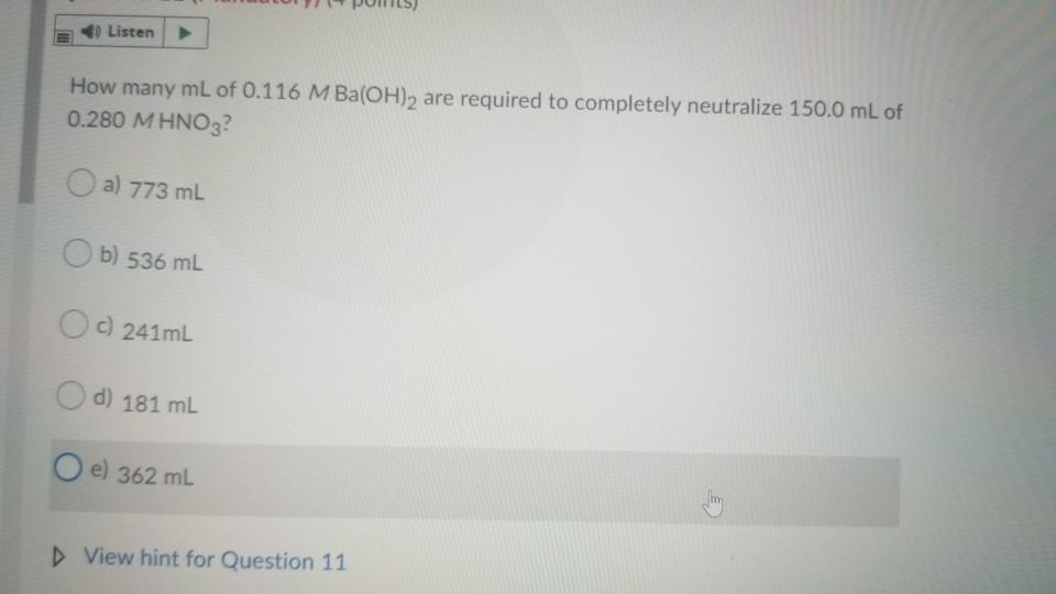 Solved Listen How many mL of 0.116 M Ba(OH)2 are required to | Chegg.com