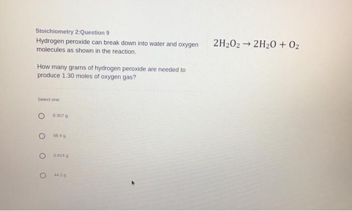 Solved 2H2O2 + 2H20 + 02 Stoichiometry 2 Question 9 Hydrogen | Chegg.com