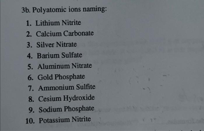 Solved 3b. Polyatomic ions naming: 1. Lithium Nitrite 2. | Chegg.com