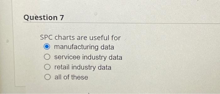 Solved Question 7 SPC charts are useful for manufacturing | Chegg.com