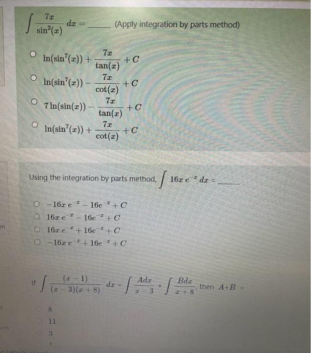 Solved (Apply integration by parts method) ∫sin2(x)7xdx= | Chegg.com