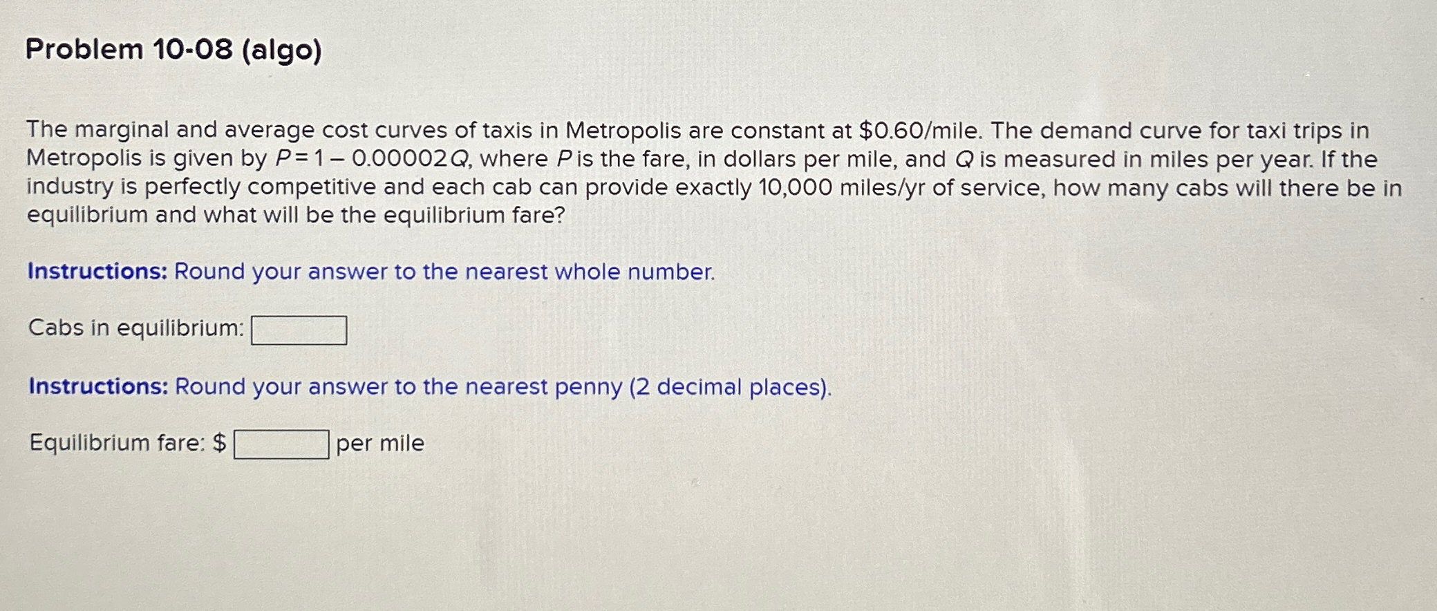 Solved Problem 10-08 (algo)The marginal and average cost | Chegg.com