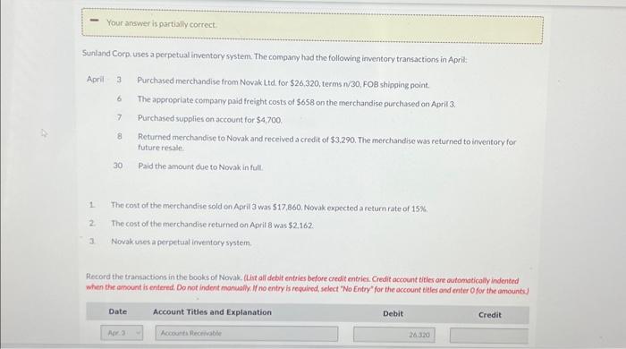 Solved Sunland Corp, uses a perpetual inventory system. The | Chegg.com