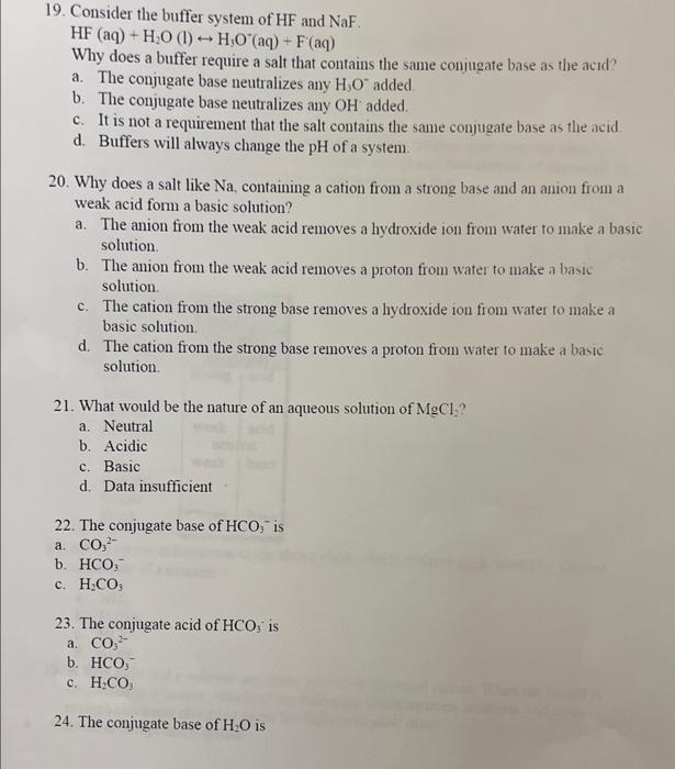 Solved 19. Consider the buffer system of HF and NaF | Chegg.com