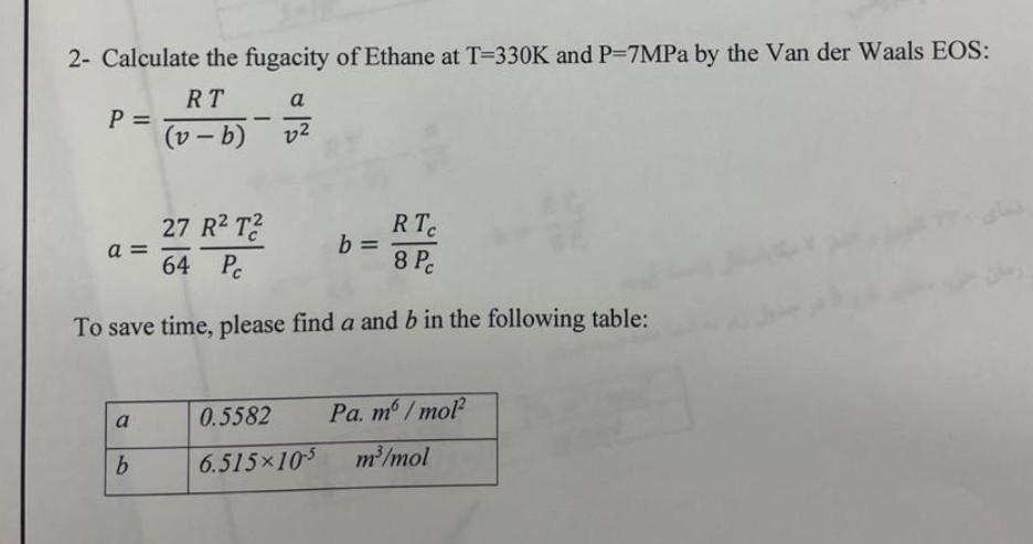 Solved 2- Calculate the fugacity of Ethane at T=330 K and | Chegg.com