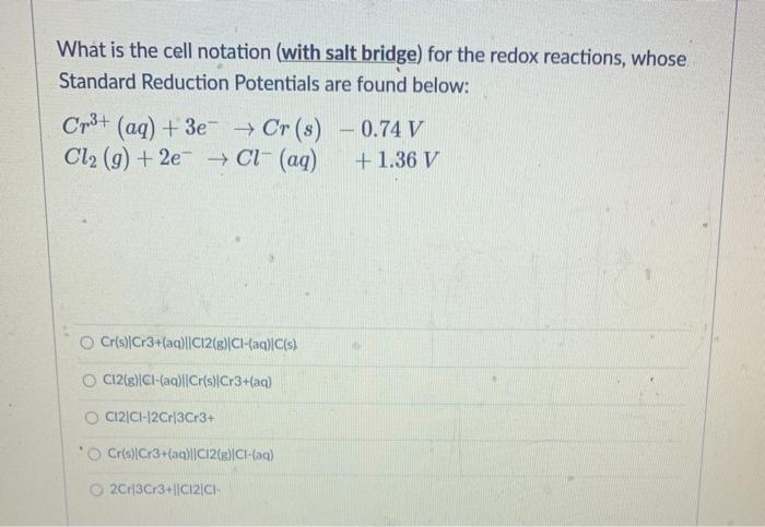 Solved What is the cell notation (with salt bridge) for the | Chegg.com