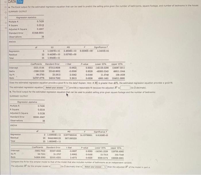 Solved a. The Excel output for the estimated repression | Chegg.com