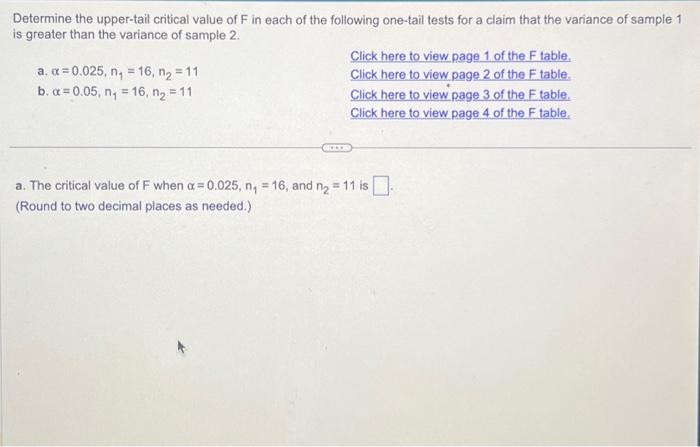Solved Determine the upper-tail critical value of F in each | Chegg.com