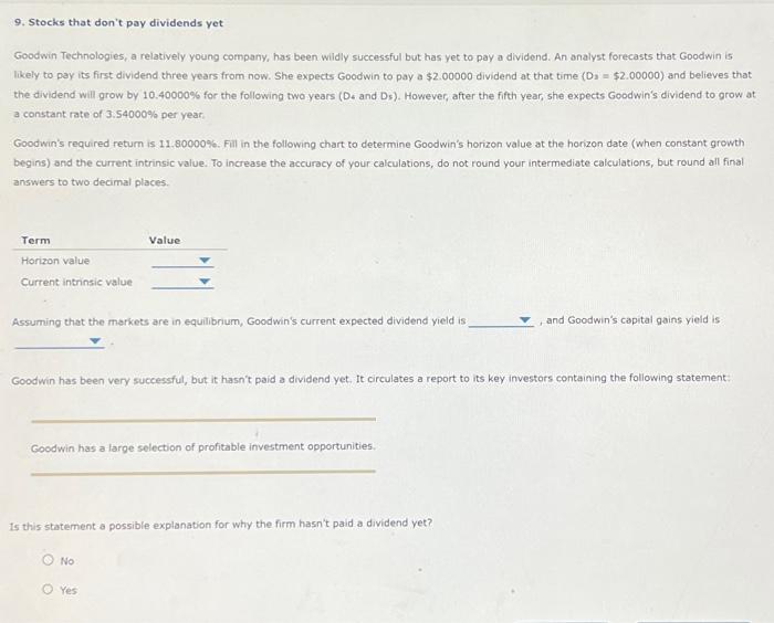 Solved 9. Stocks that don't pay dividends yet Goodwin | Chegg.com