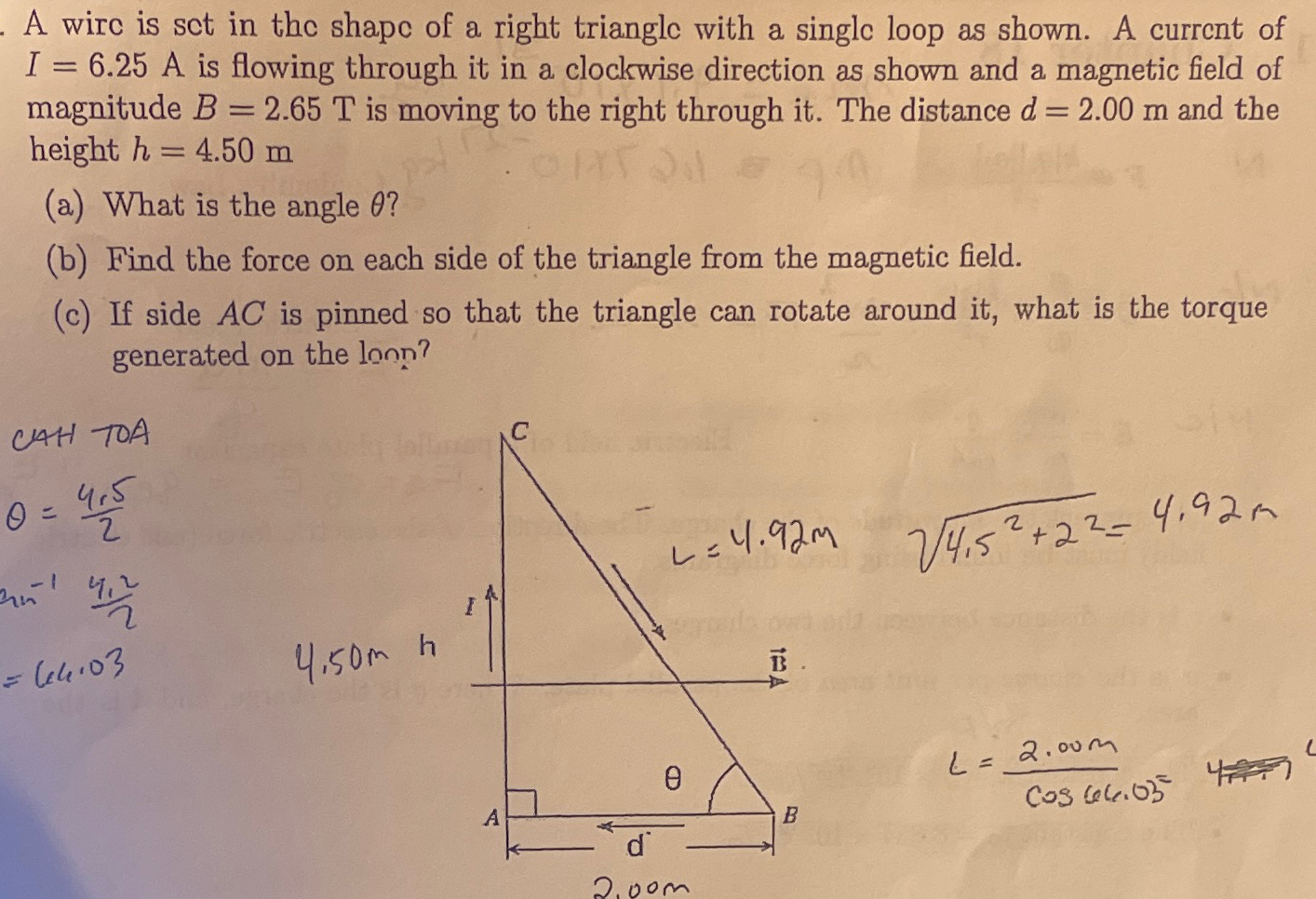 Solved A wirc is sct in the shape of a right triangle with a | Chegg.com
