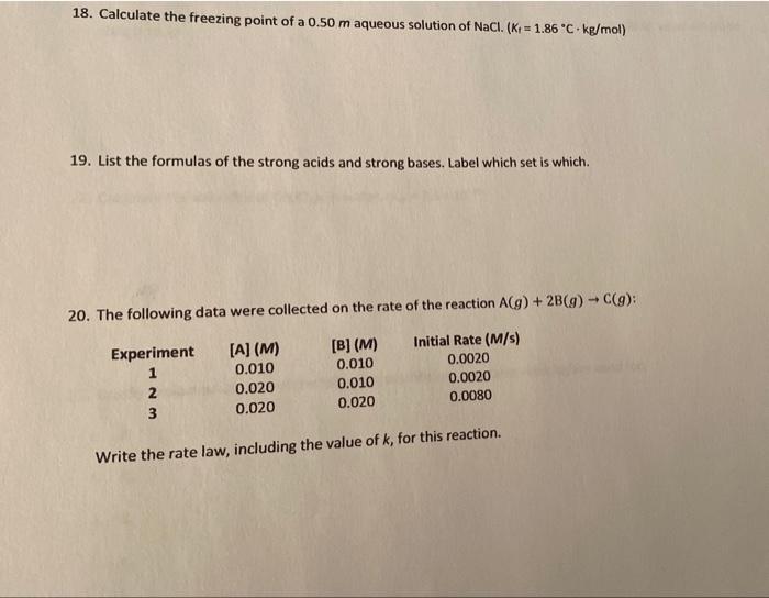 Solved 18. Calculate the freezing point of a 0.50 m aqueous | Chegg.com