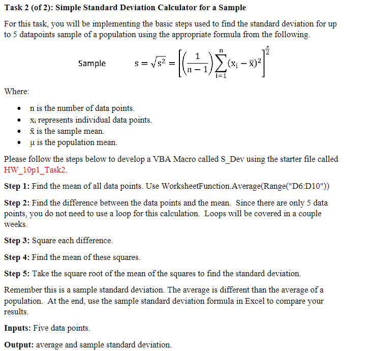 Solved Task 2 (of 2): Simple Standard Deviation Calculator | Chegg.com