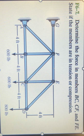 Solved F6-7. ﻿Determine the force in members BC,CF, ﻿and FE. | Chegg.com