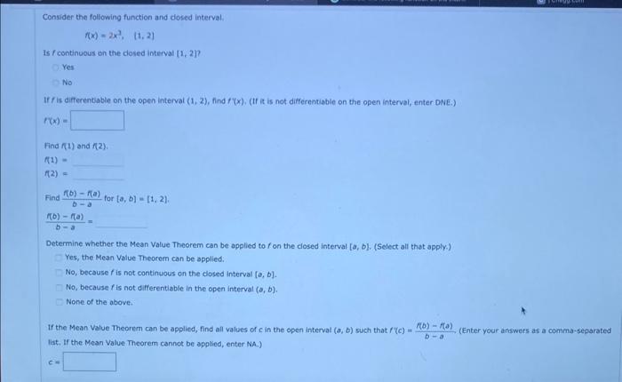 Solved Consider the following function and closed interval. | Chegg.com
