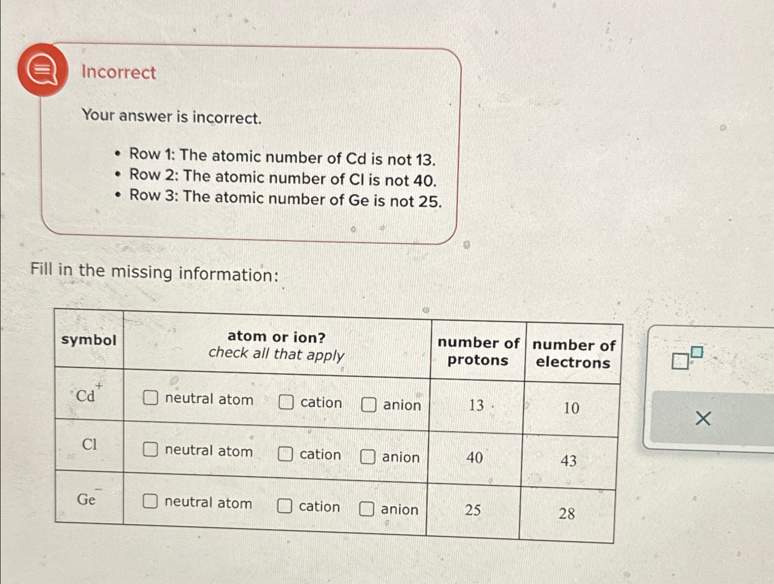 Solved IncorrectYour answer is incorrect.Row 1: The atomic | Chegg.com