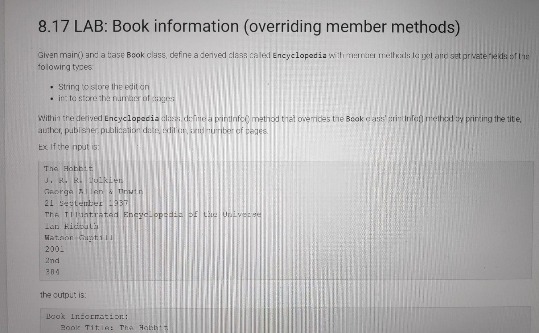 Solved 8.17 LAB: Book information (overriding member | Chegg.com