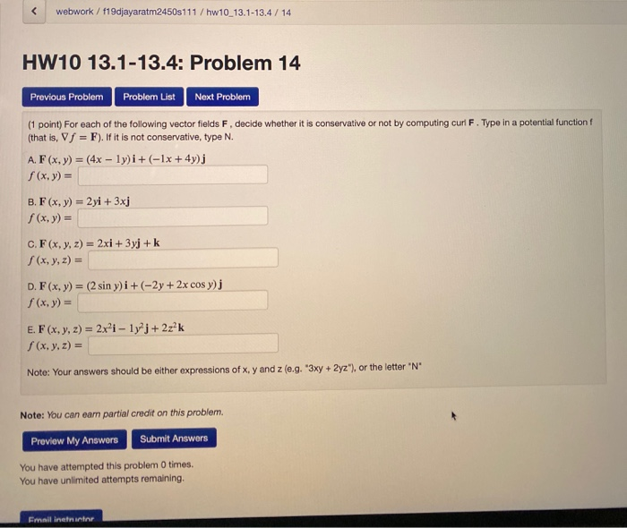 Solved webwork / f19djayaratm2450s111 /hw10_13.1-13.4 / 14 | Chegg.com