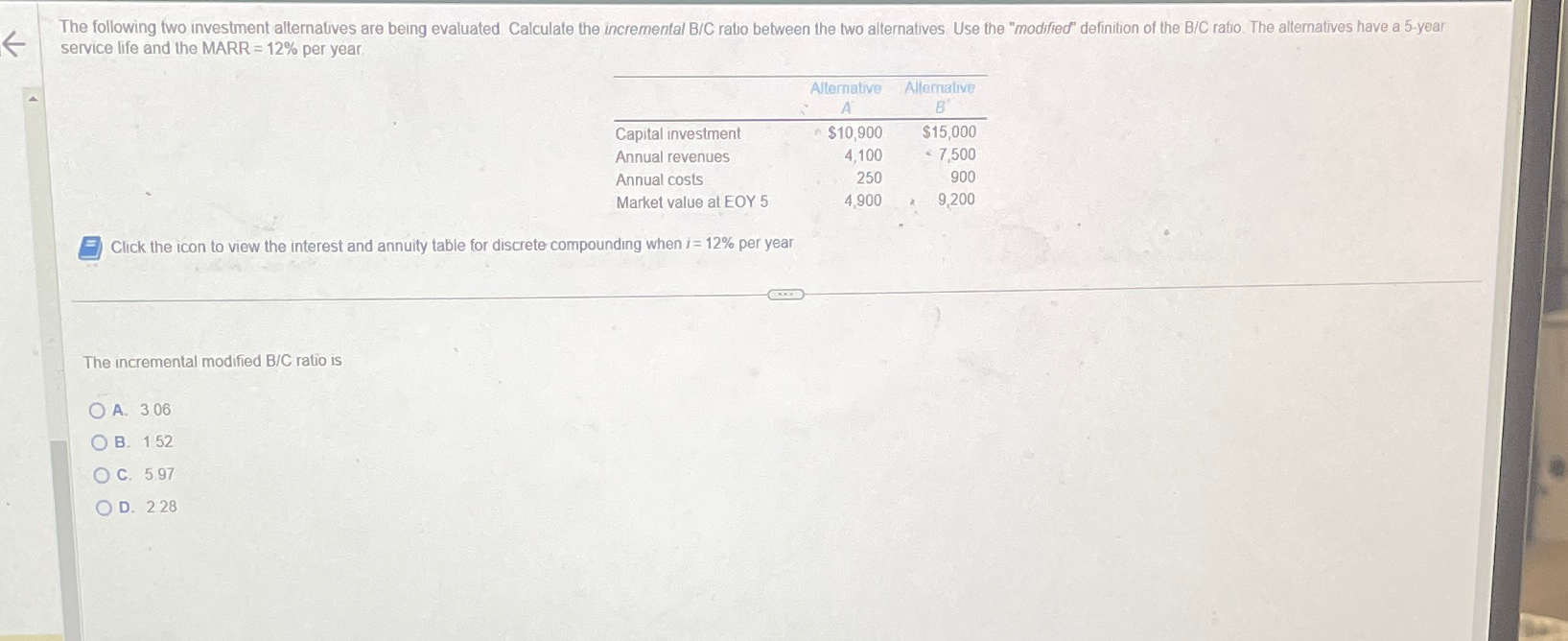 Solved service life and the MARR =12% ﻿per | Chegg.com