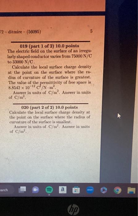 Solved 019 (part 1 of 2 ) 10.0 points The electric field on | Chegg.com