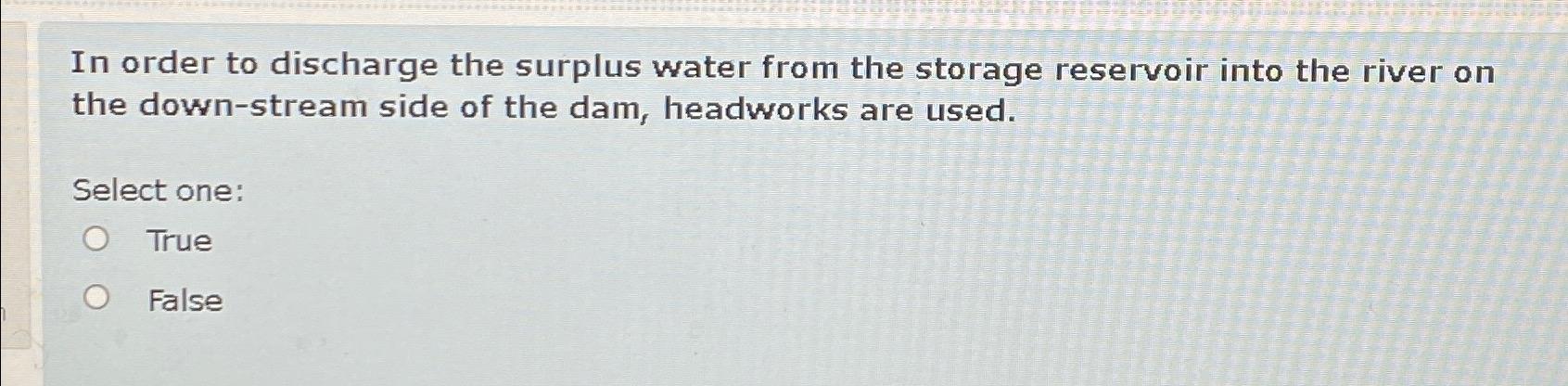In order to discharge the surplus water from the | Chegg.com