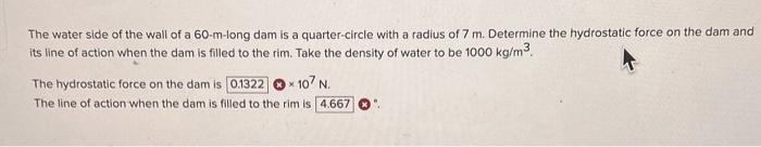 Solved The water side of the wall of a 60−m-long dam is a | Chegg.com