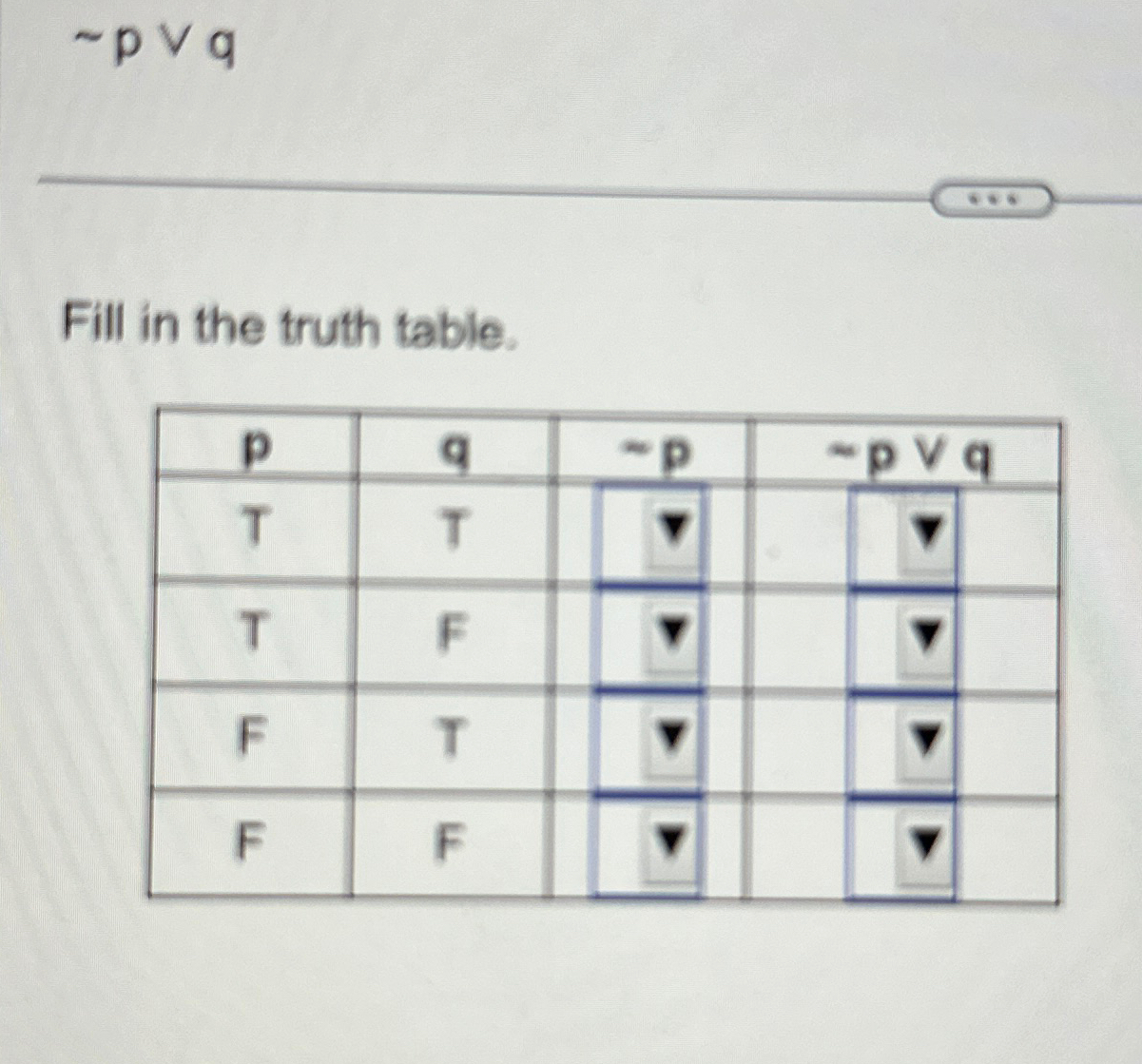 Solved ∼pvvqFill in the truth table.\table[[p,q,∼p,∼pvvq | Chegg.com