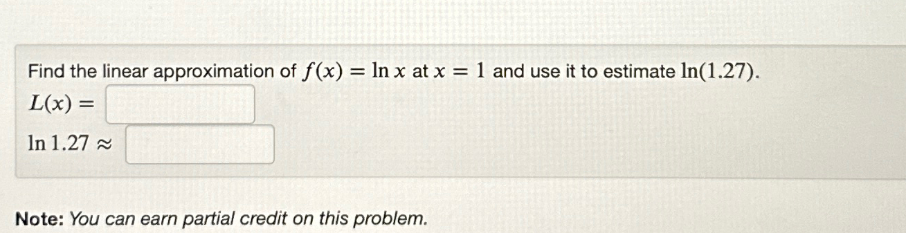 Solved Find the linear approximation of f(x)=lnx ﻿at x=1 | Chegg.com