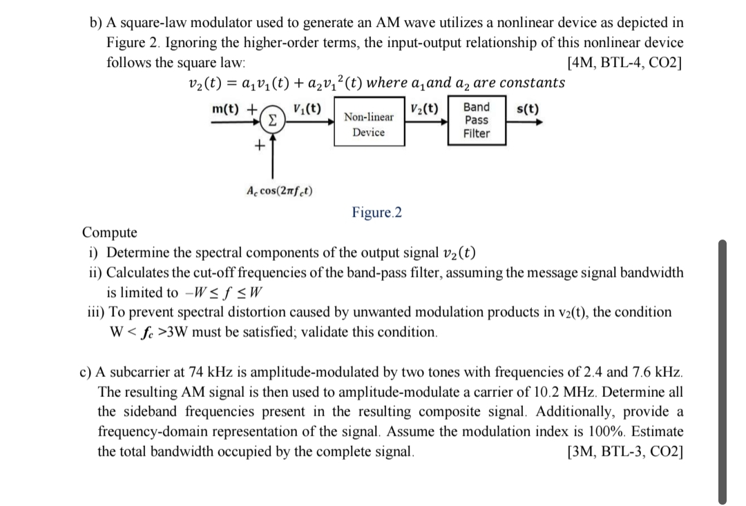 Solved b) ﻿A square-law modulator used to generate an AM | Chegg.com