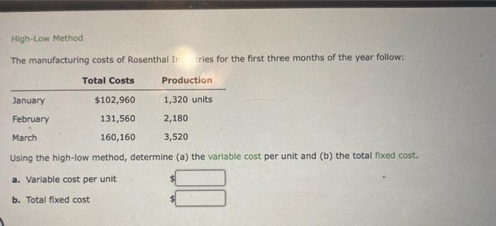 Solved High-Low Method The manufacturing costs of Rosenthal | Chegg.com