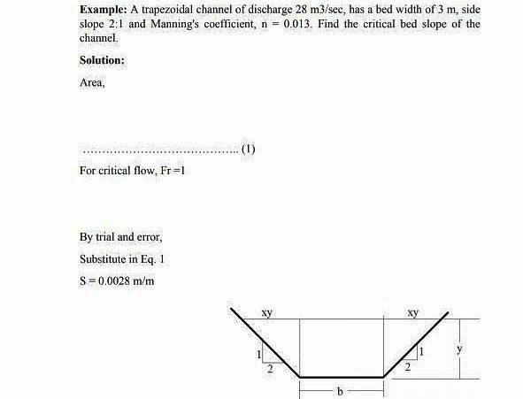 Solved Example: A trapezoidal channel of discharge 28 | Chegg.com