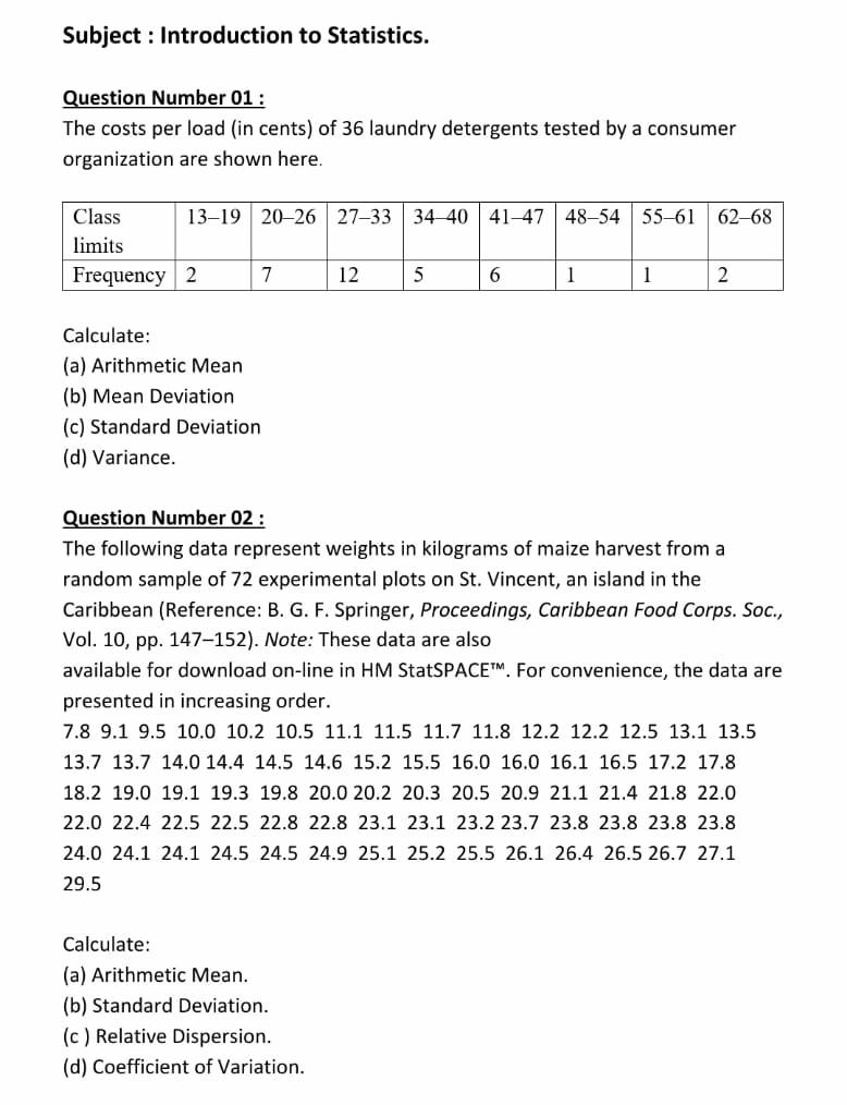 Solved Subject : Introduction to Statistics. Question Number | Chegg.com