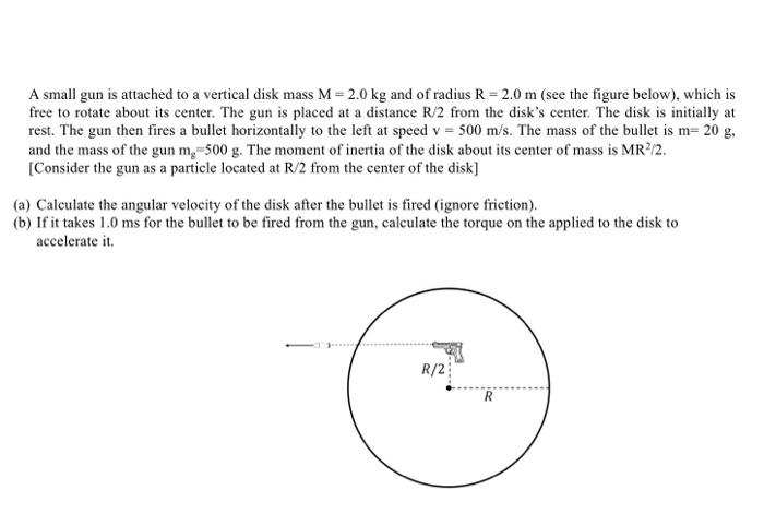 Solved A small gun is attached to a vertical disk mass M=2.0 | Chegg.com