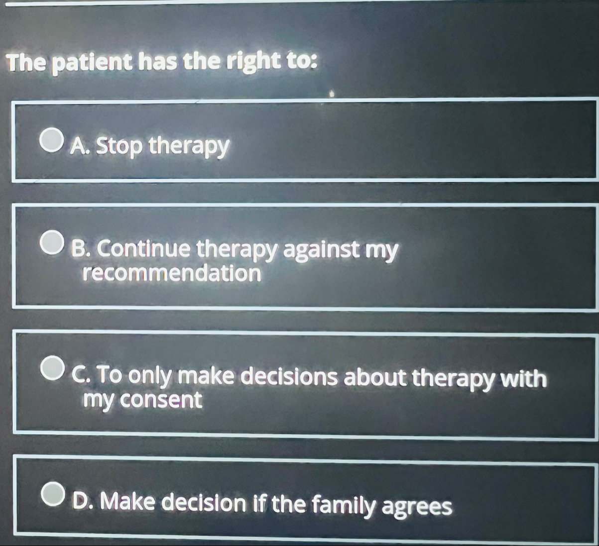 The patient has the right to:A. ﻿Stop therapyB. | Chegg.com