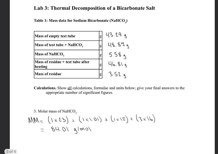 Solved Lab 3: Thermal Decomposition of a Bicarbonate Salt | Chegg.com