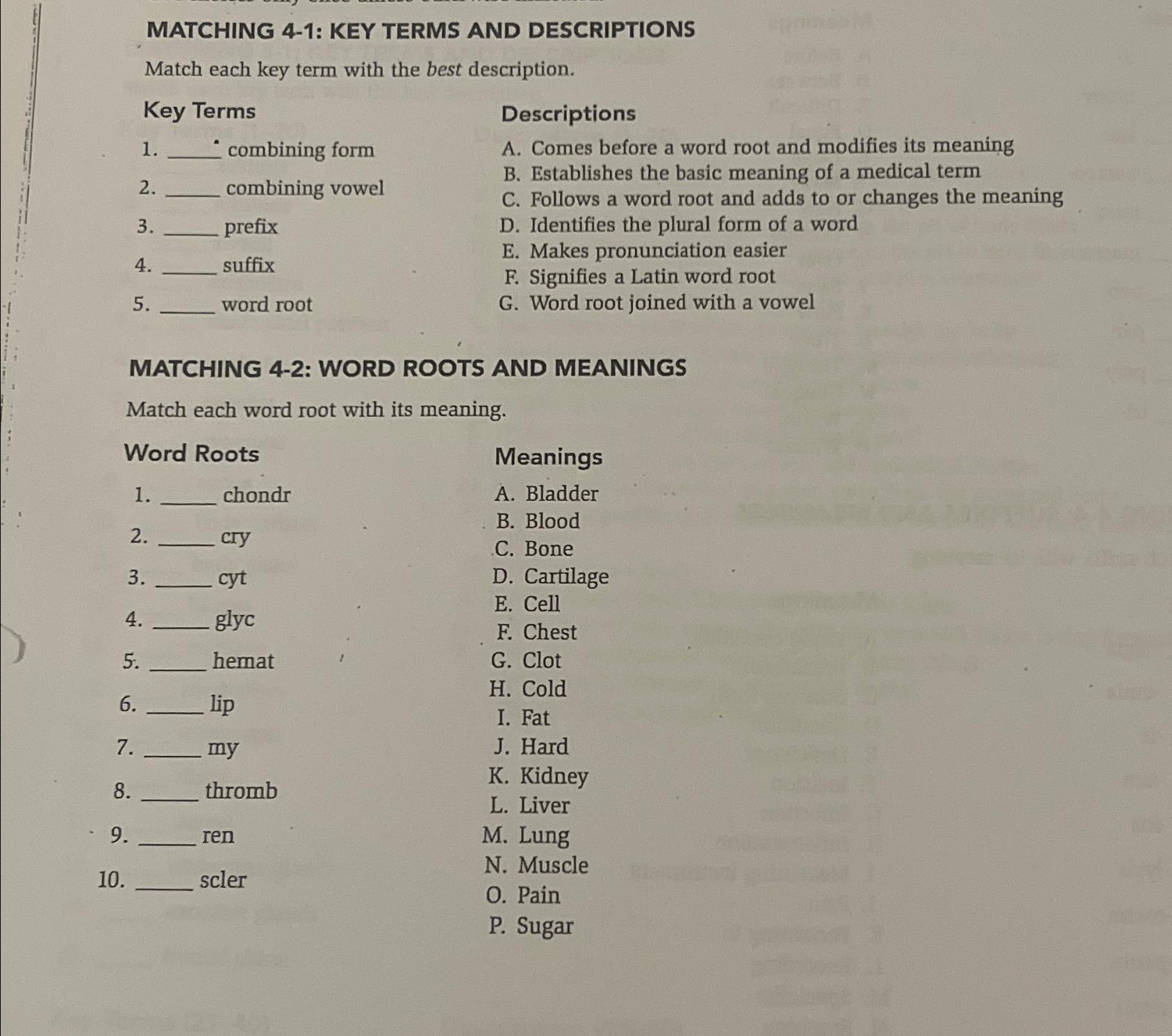 Solved MATCHING 4-1: KEY TERMS AND DESCRIPTIONSMatch each | Chegg.com