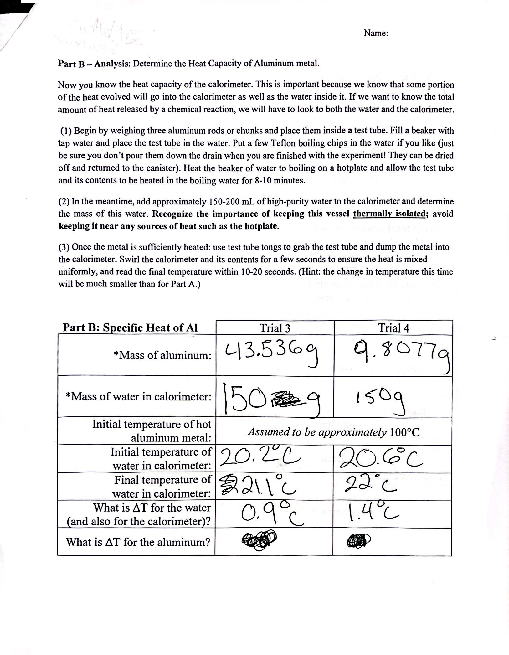 Solved Name:Part B - ﻿Analysis: Determine the Heat Capacity | Chegg.com