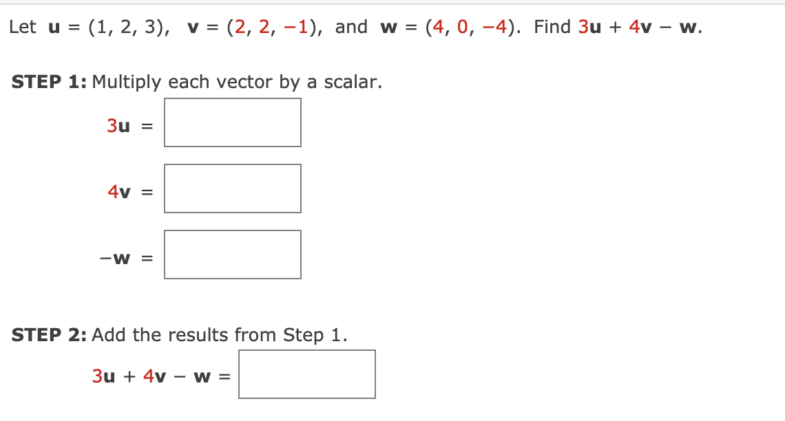 Solved Let u=(1,2,3),v=(2,2,-1), and w=(4,0,-4). Find | Chegg.com Solved Let u=(1,2,3),v=(2,2,-1), and w=(4,0,-4). Find | Chegg.com