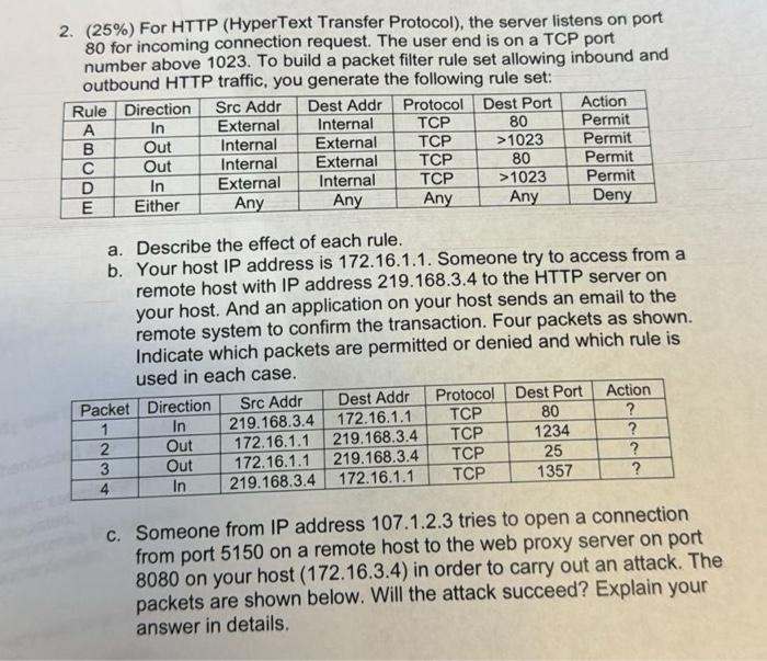 Solved 2. (25\%) For HTTP (HyperText Transfer Protocol), the | Chegg.com