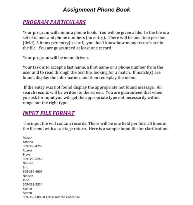 Solved Assignment Phone Book PROGRAM PARTICULARS Your | Chegg.com